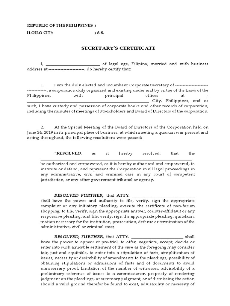 Secretary Certificate Sample for BIR | PDF | Pleading | Lawsuit