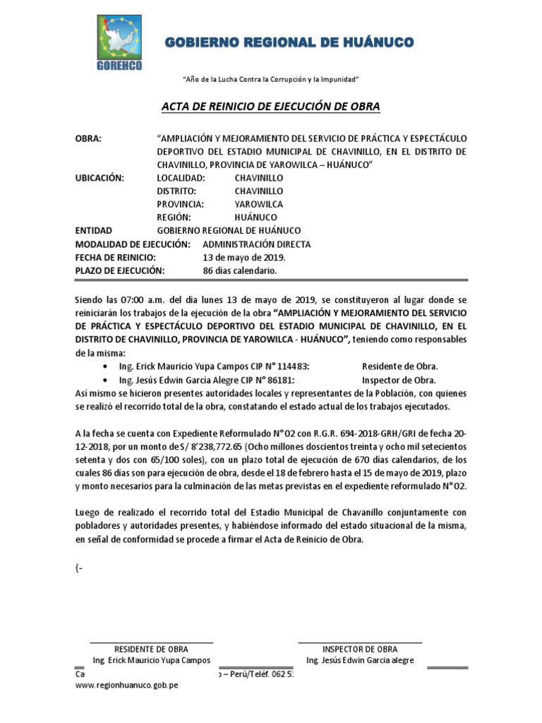 Acta de Reinicio de Obra | PDF | Gobierno