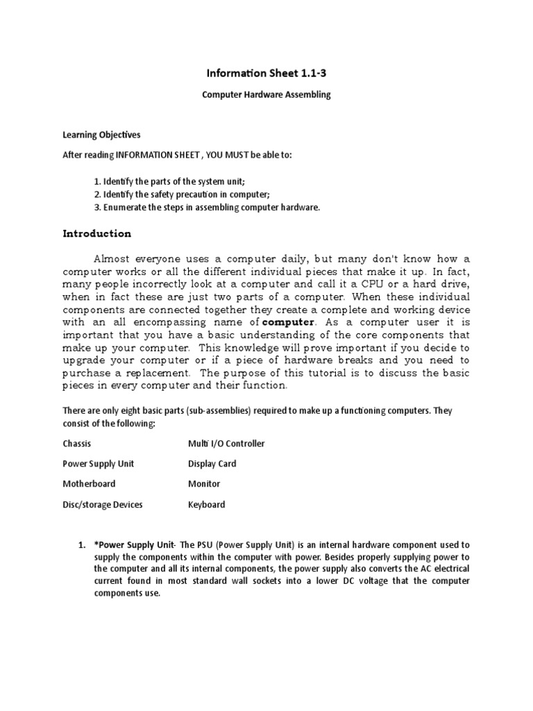 Information Sheet 1.1-3: Computer Hardware Assembling | PDF | Electrical Connector | Personal ...