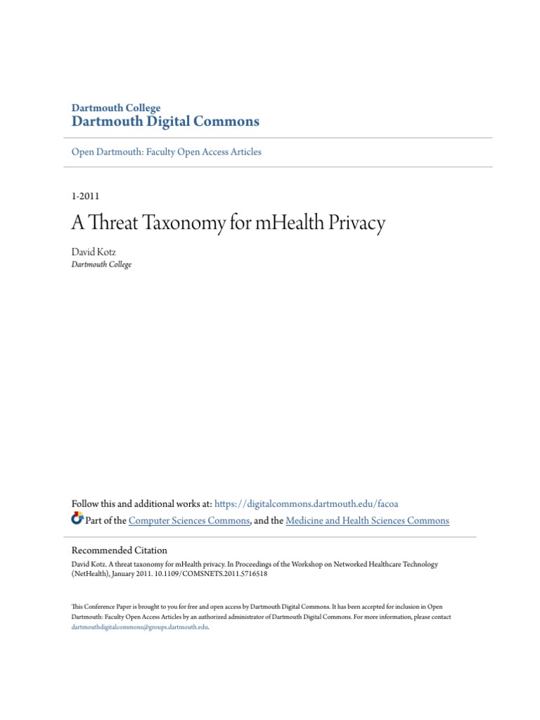 A Threat Taxonomy For MHealth Privacy | PDF | Authentication | Encryption