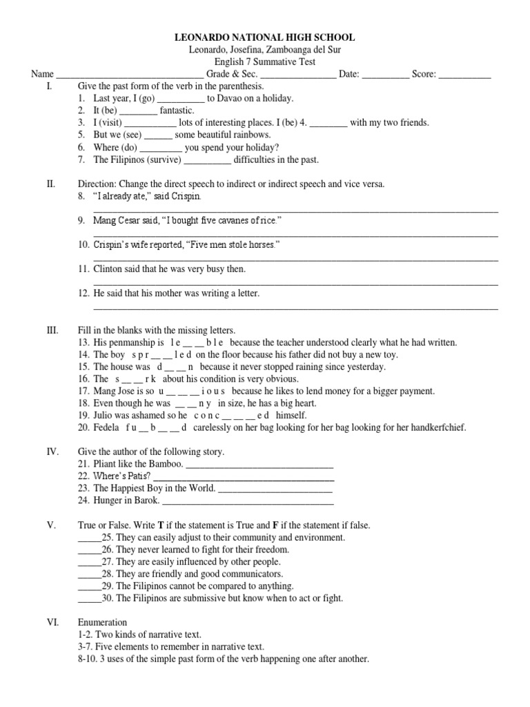 English 7 Summative Test Q1 | PDF
