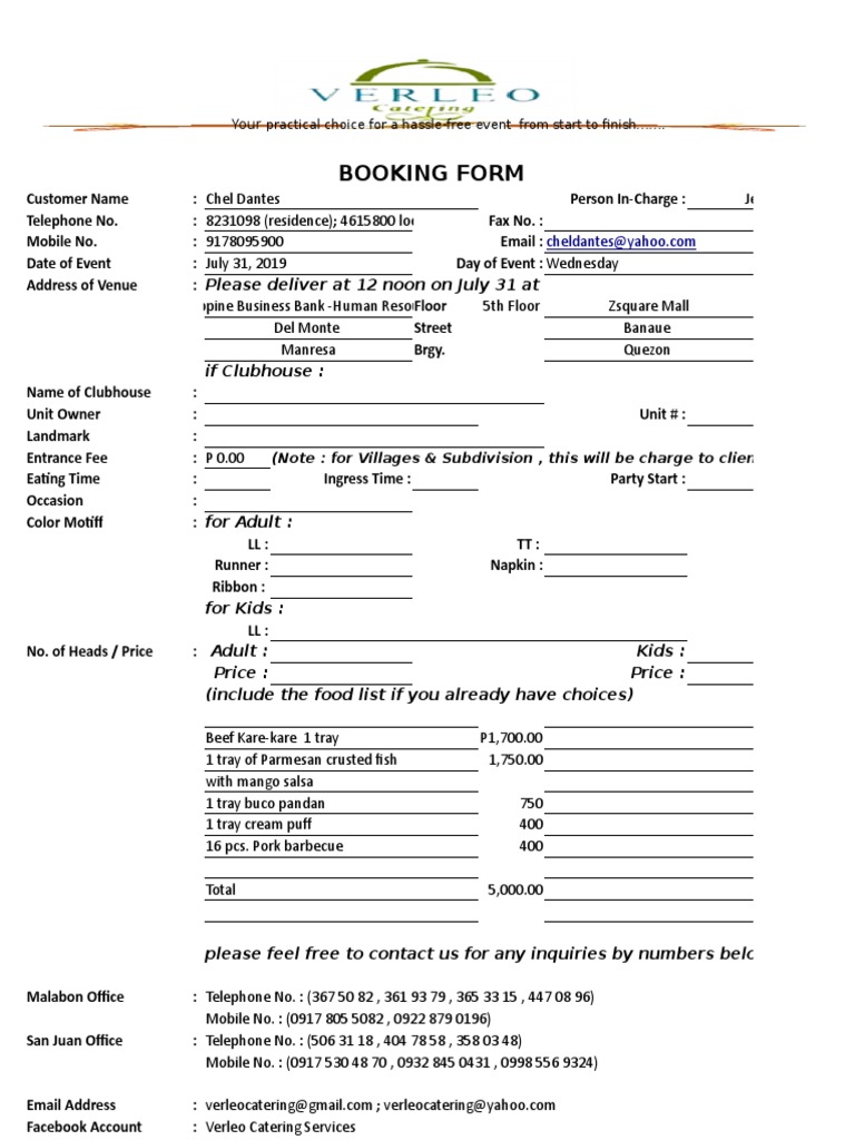 Booking Form: If Clubhouse | PDF | Foods | Business