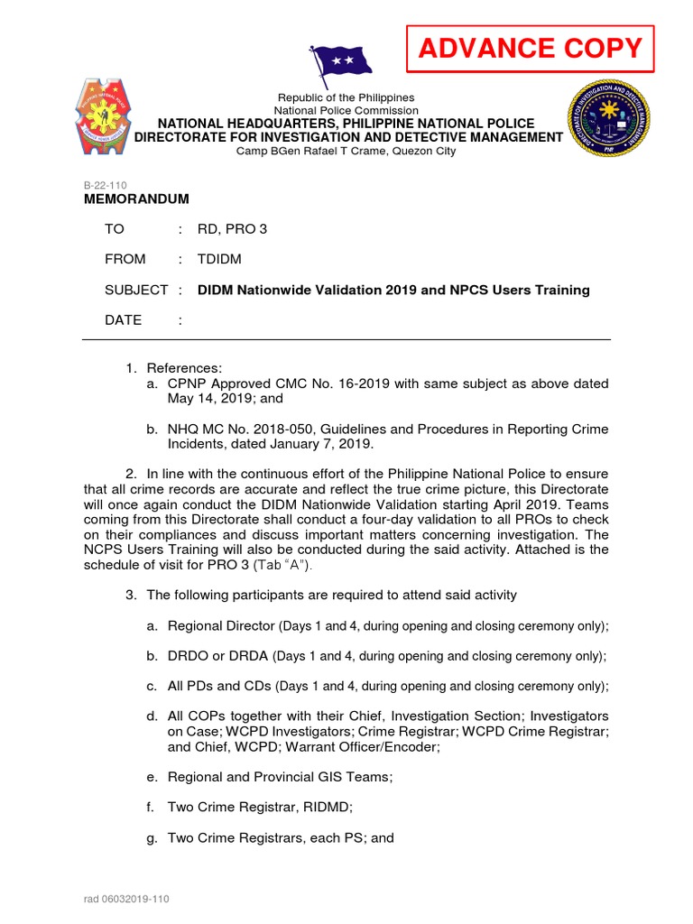 Memorandum on the DIDM Nationwide Validation 2019 and NPCS Users ...