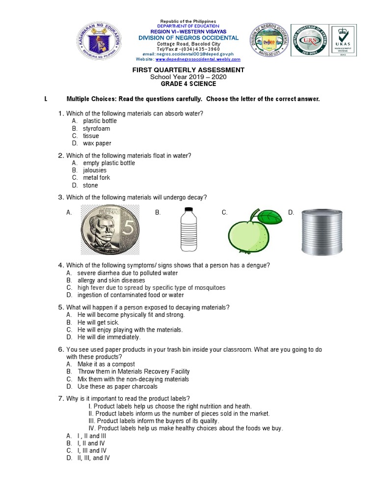 Grade 4 Science I. Multiple Choices: Read The Questions Carefully ...