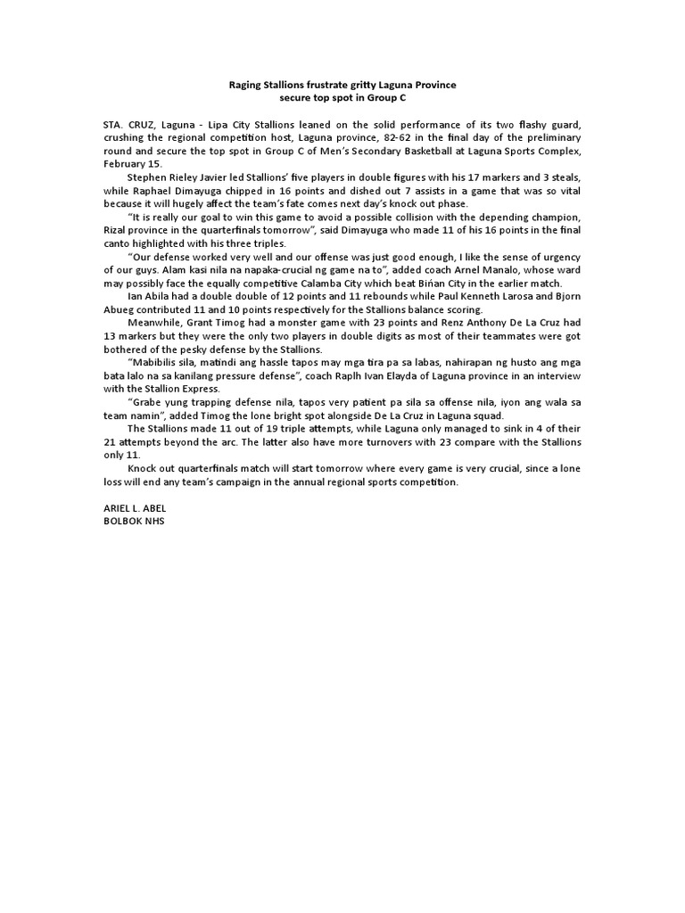 Raging Stallions Frustrate Gritty Laguna Province | PDF | Teams | Ball ...