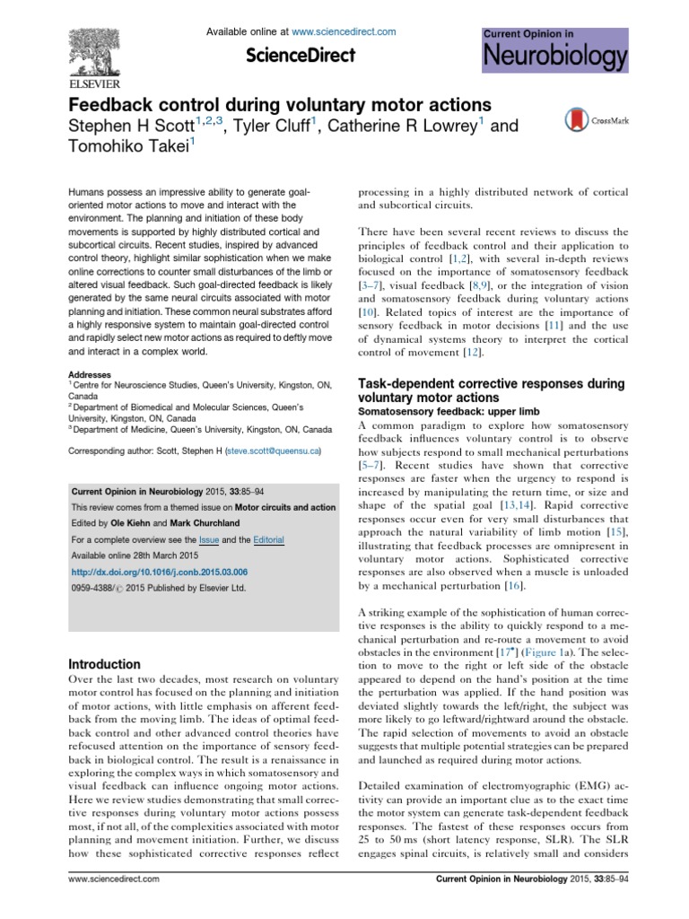 Feedback Control During Voluntary Motor Actions | PDF | Cerebellum ...