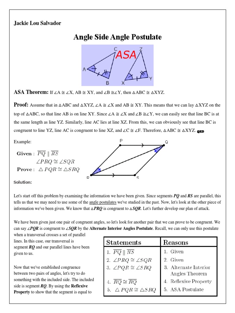 ASA Angle Side Angle Postulate Theorem Explained | PDF | Euclidean ...
