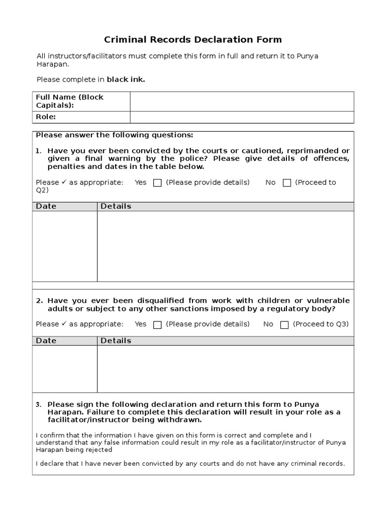 Criminal Records Declaration Form: Date Details | PDF