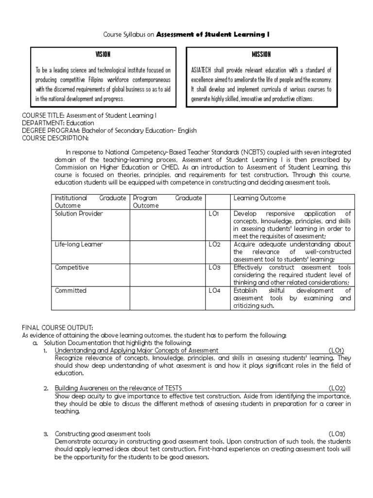 Course Syllabus on Assessment of Student Learning II | Educational ...