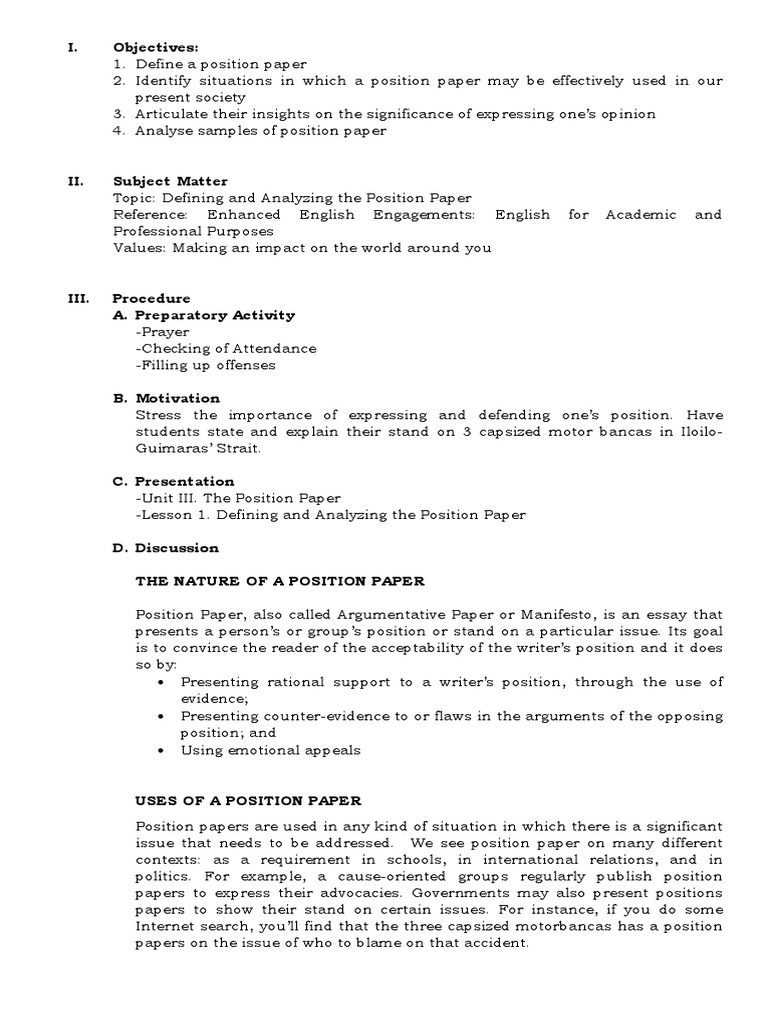 Lesson 1. Defining and Analyzing The Position Paper | Download Free PDF ...