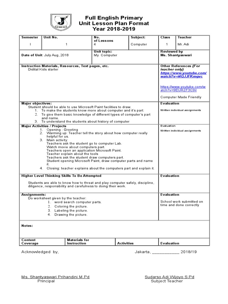 Full English Primary Unit Lesson Plan Format Year 2018-2019: Teacher ...