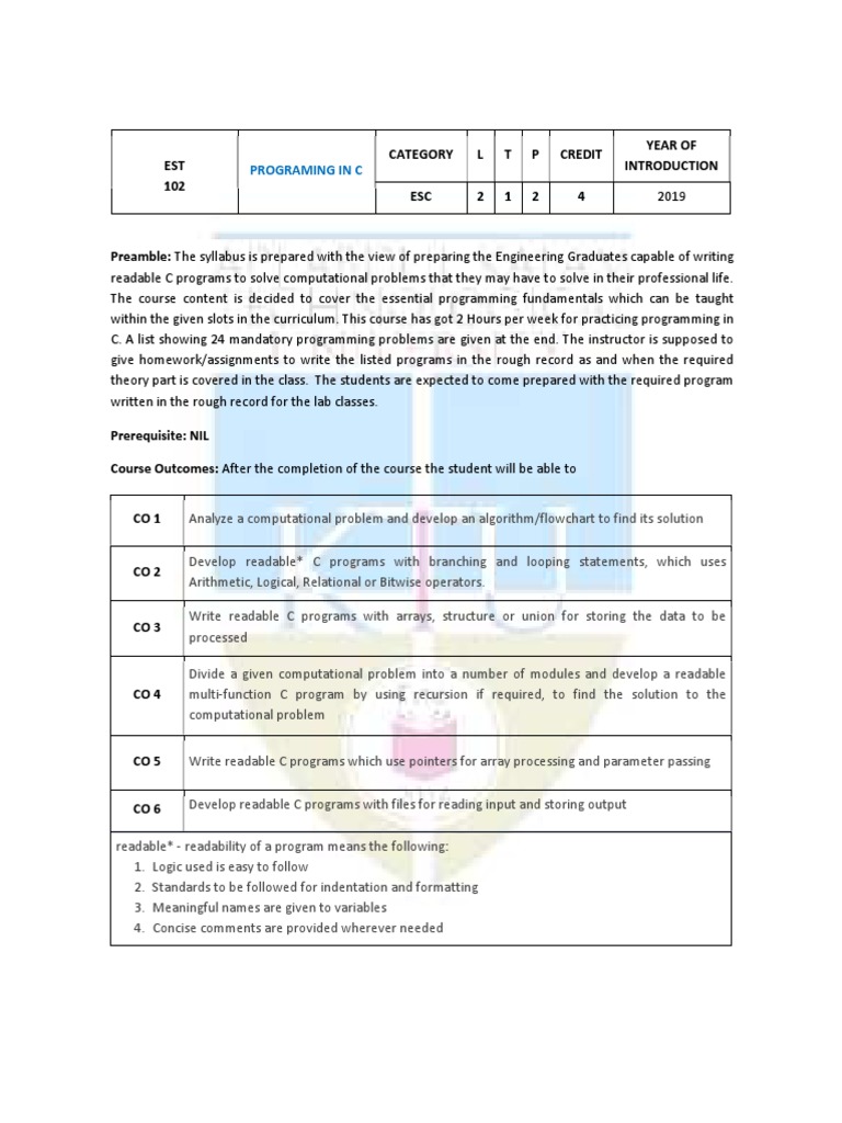 Programming in C Syllabus and Sample Questions | PDF | C (Programming ... Programming in C Syllabus and Sample Questions | PDF | C (Programming ...