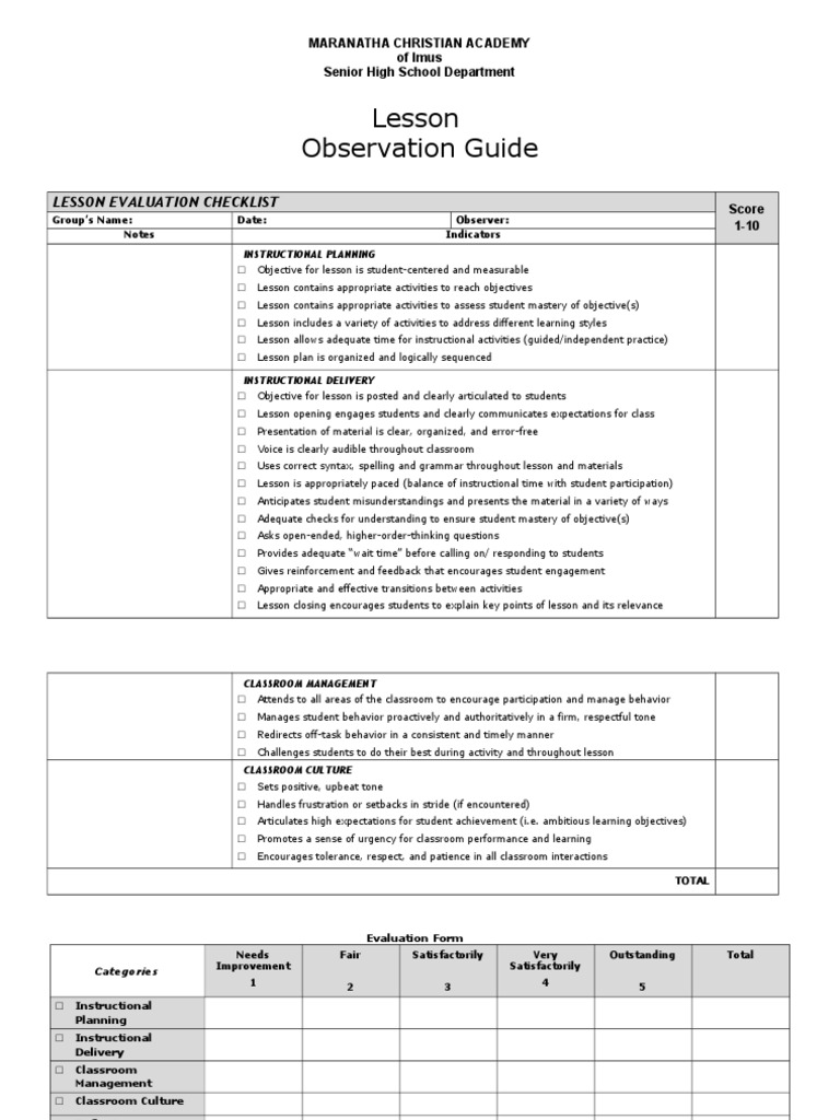 Lesson Plan Rubric | PDF | Classroom Management | Education Theory