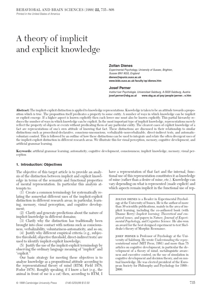 A Theory of Implicit and Explicit Knowledge: Zoltan Dienes | PDF ...