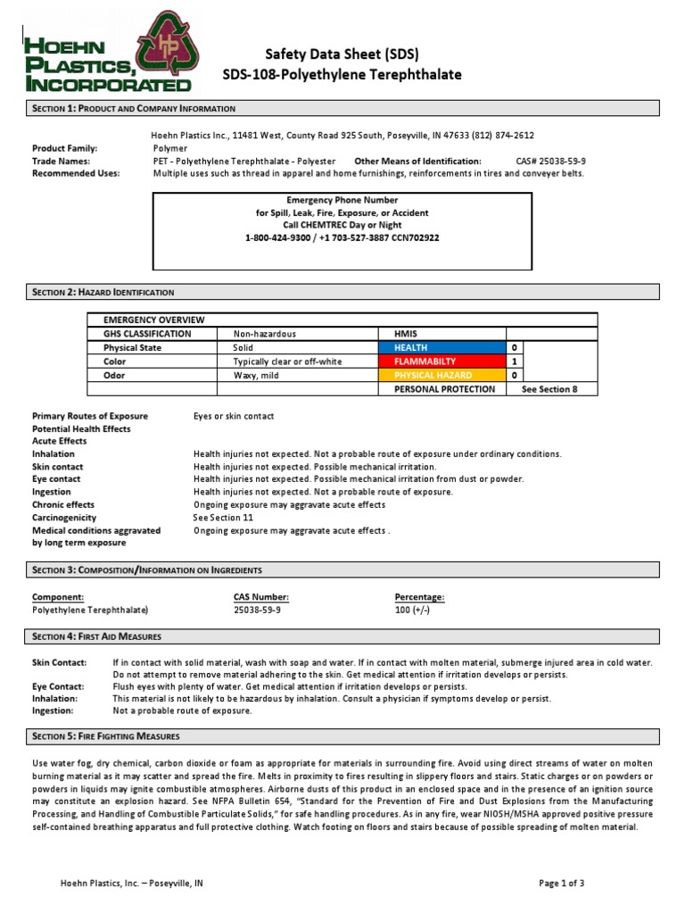 Sds 108 Polyethylene Terephthalate | Toxicity | Combustion
