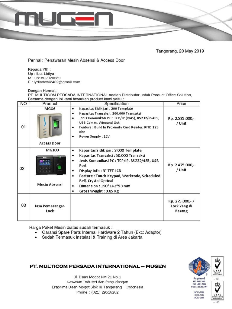 PENAWARAN Mesin Absensi & Access Door Mugen | PDF | Komputer