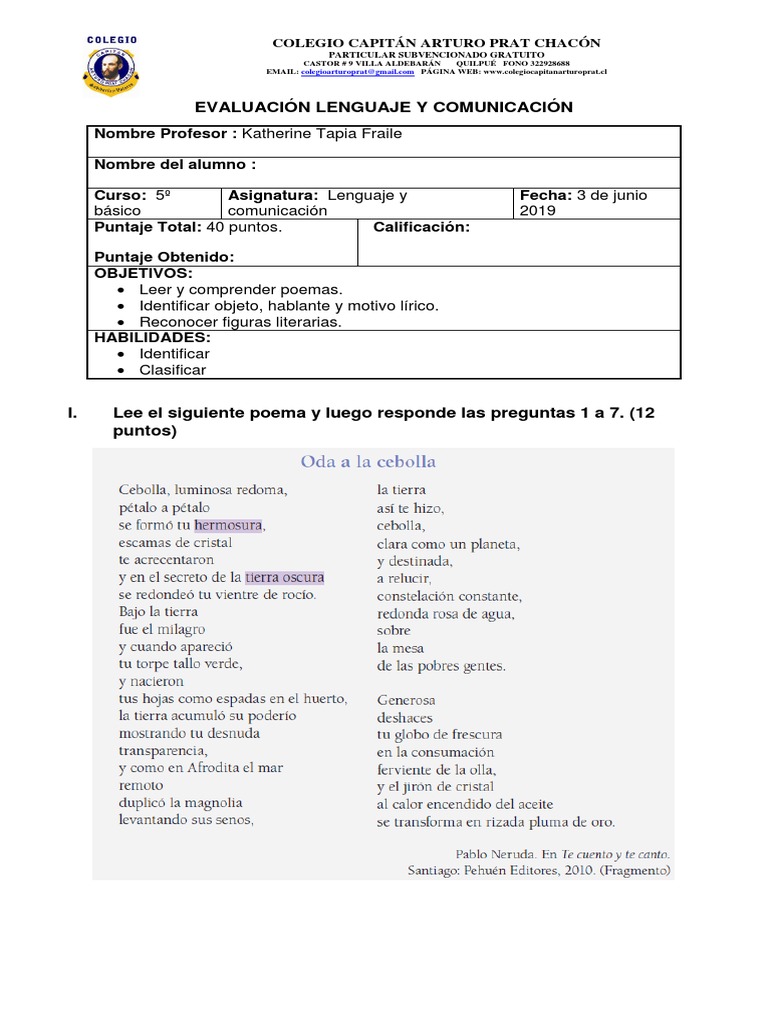 Prueba Poesìa 5 Bàsico UNIDAD 2 | PDF | Rima | Poesía