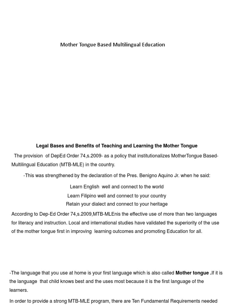 Legal Framework for MTB-MLE in Education | PDF | First Language ...