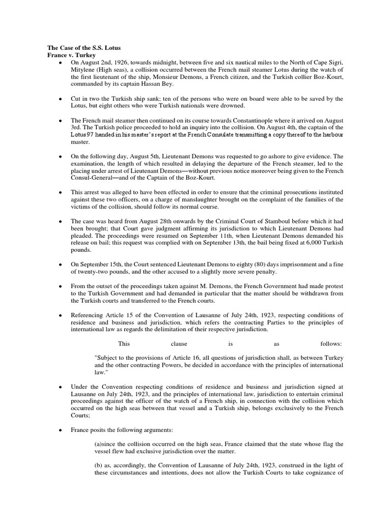 The Case of The S.S. Lotus France v. Turkey | PDF | Jurisdiction ...
