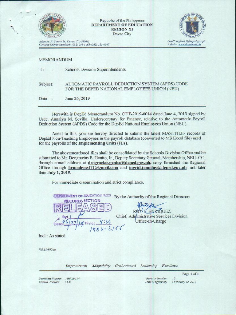 Memorandum Automatic Payroll Deduction System Apds Code For The Deped National Union Neu | PDF