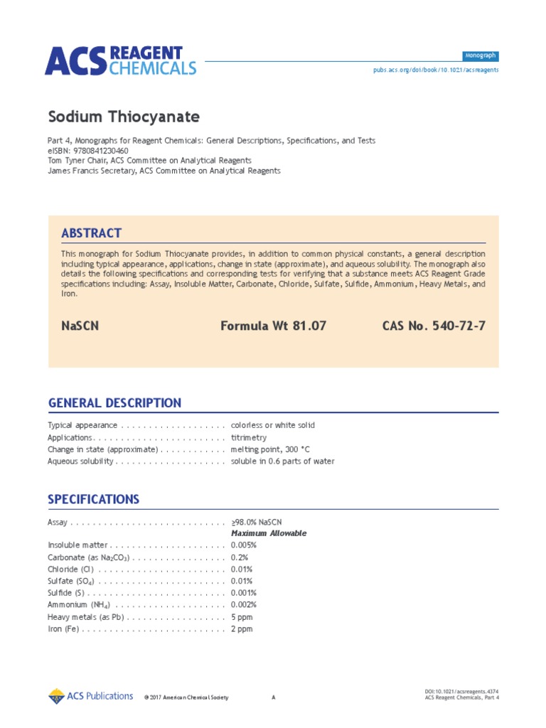 Sodium Thiocyanate: Nascn Formula WT 81.07 CAS No. 540-72-7 | PDF ...