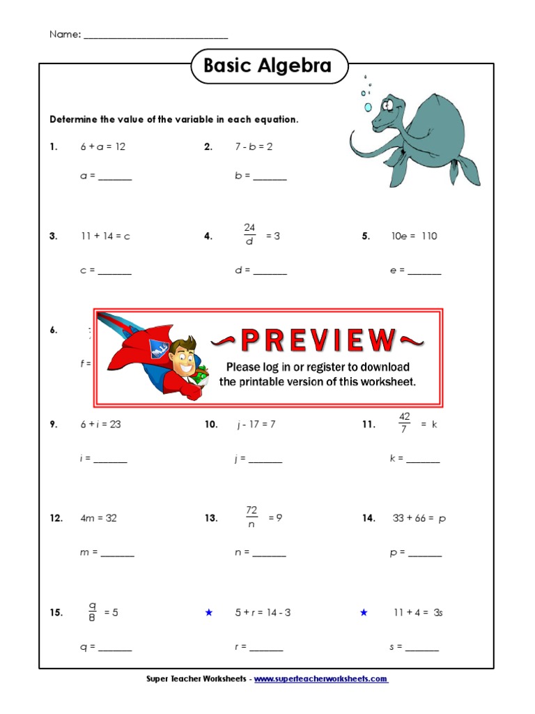 Basic Algebra: Determine The Value of The Variable in Each Equation. 1 ...