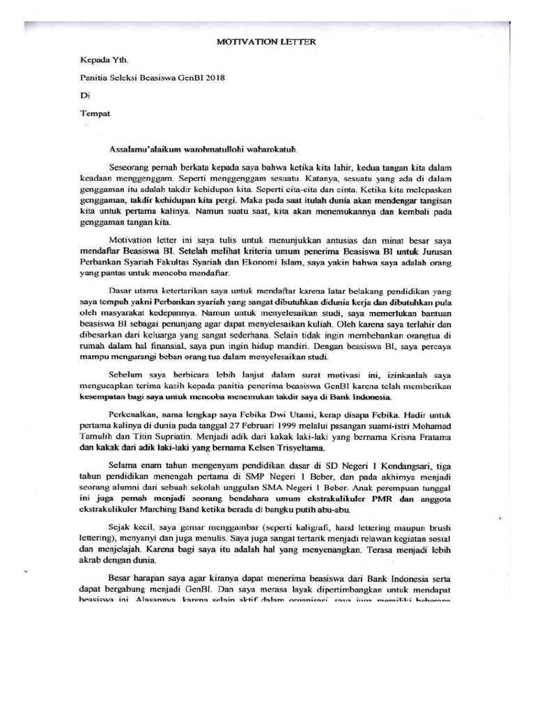 Motivation Letter Bahasa Indonesia | PDF
