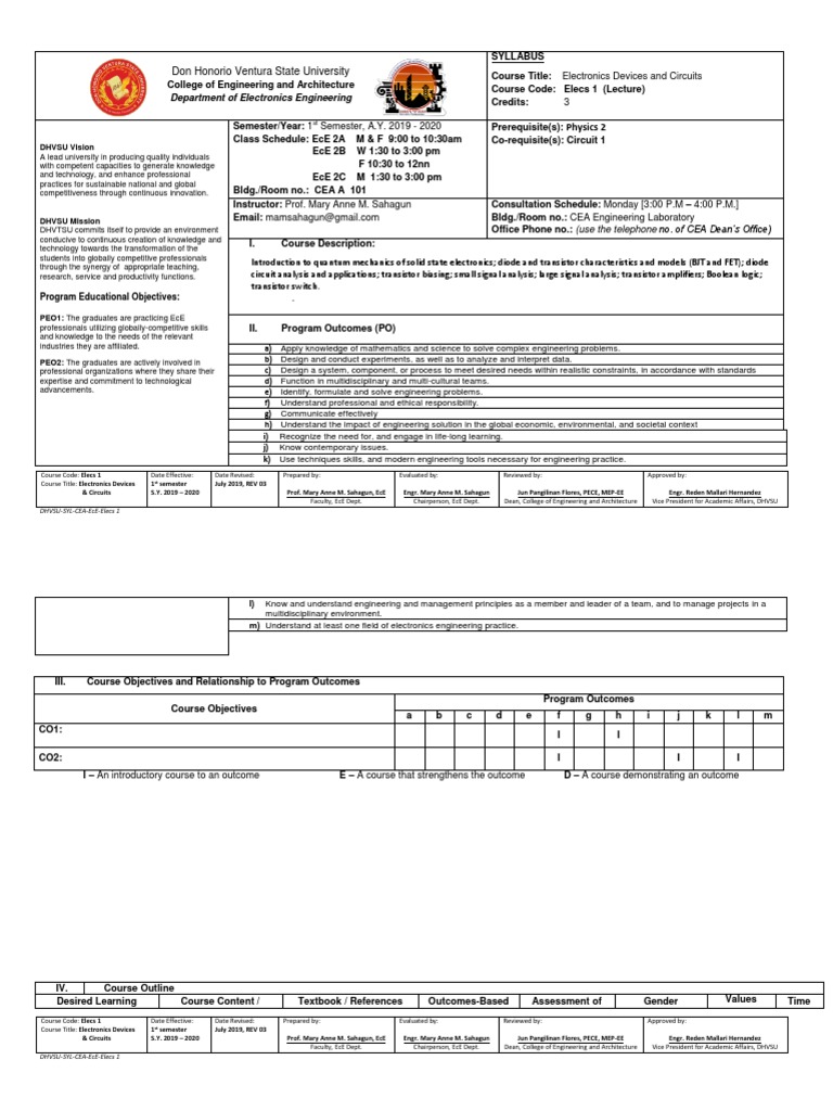 Syllabus OBE Format Updated For A.Y. 2019 2020 ELECS | PDF | Arduino ...