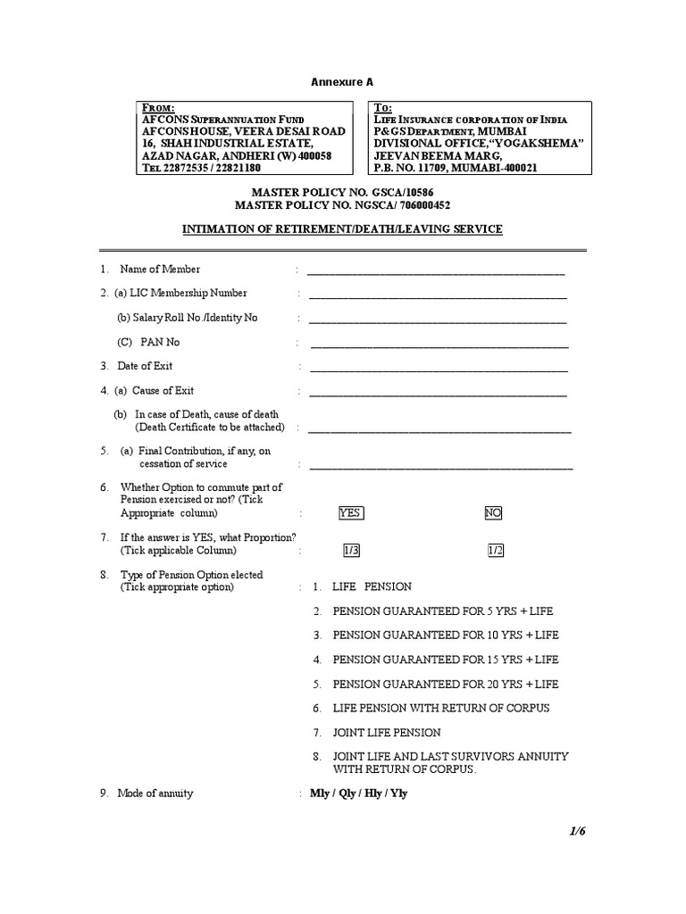LIC Superannuation Withdrawal Form | PDF | Pension | Life Insurance