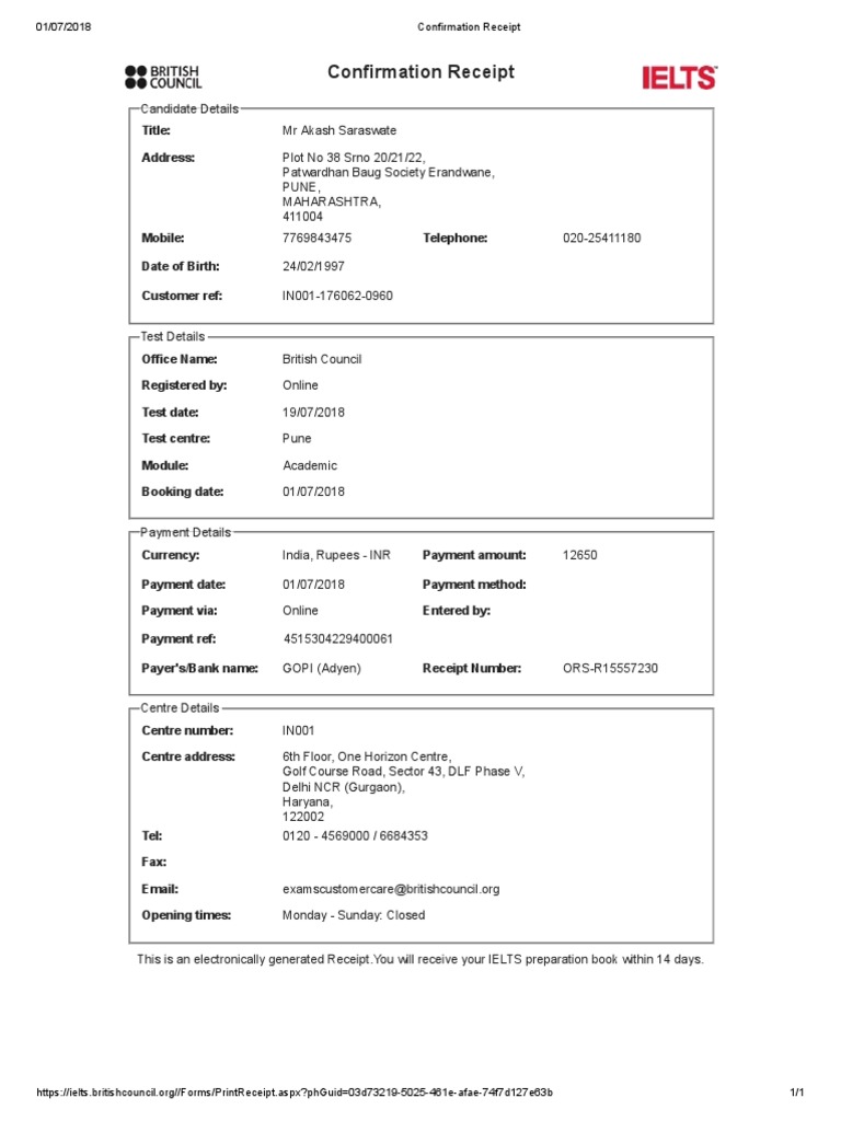IELTS Payment Confirmation Receipt | PDF | Receipt | Payments