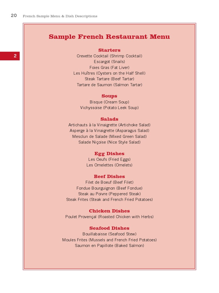 Sample French Restaurant Menu: Starters | PDF