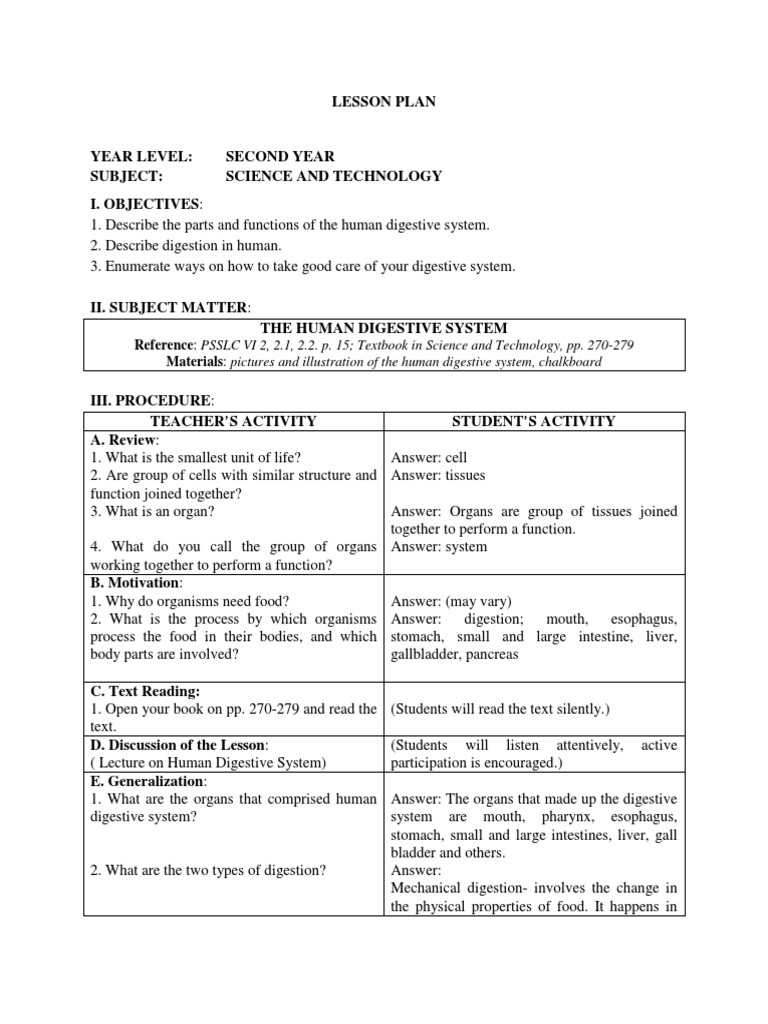 Lesson Plan | PDF | Digestion | Blood