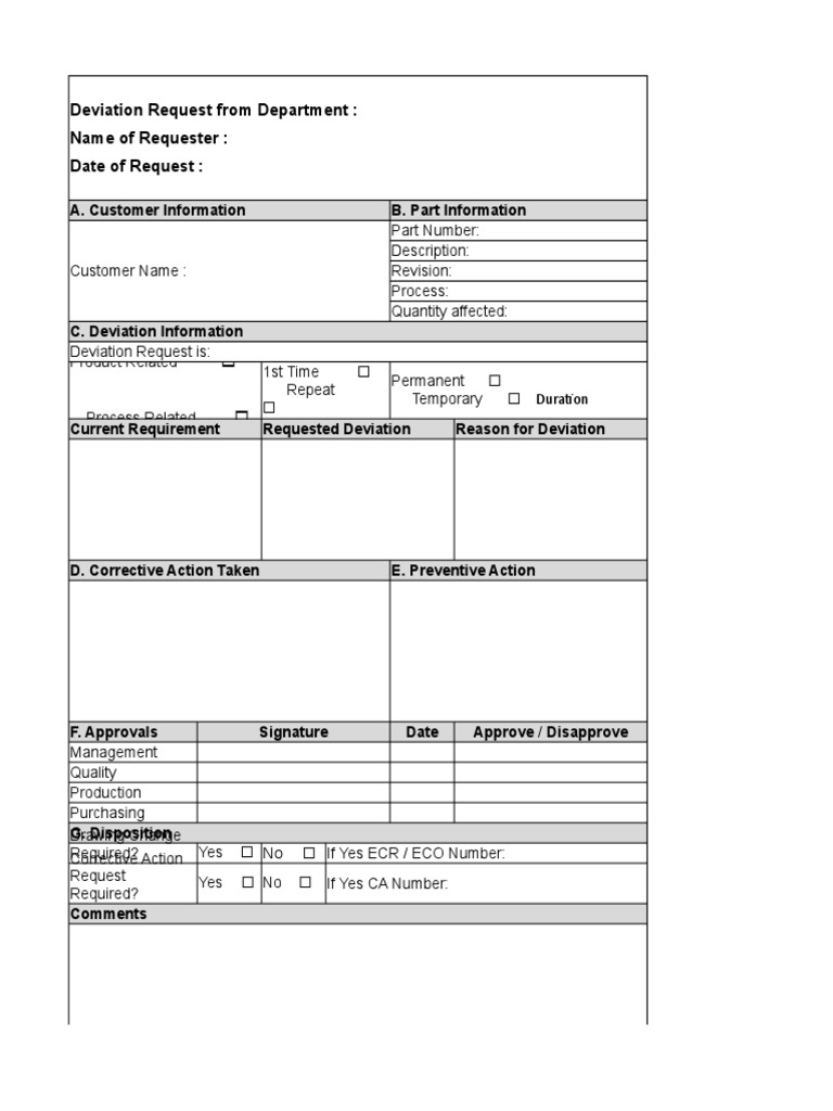 Deviation Request From Department: Name of Requester: Date of Request | PDF