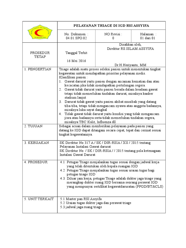 Sop Pelayanan Triage Di Igd | PDF