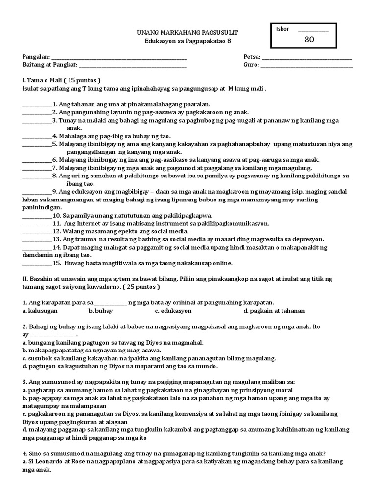 Test Questions - Unang Markahang Pagsusulit (EsP 8) | PDF
