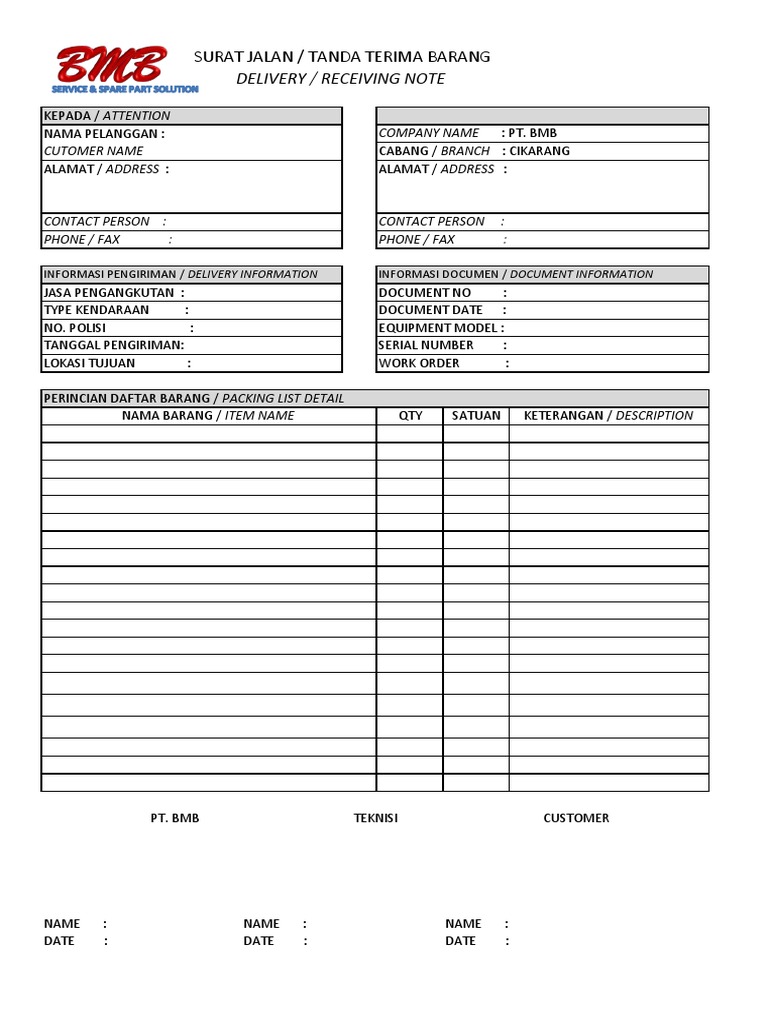 Surat Jalan / Tanda Terima Barang: Delivery / Receiving Note | PDF ...