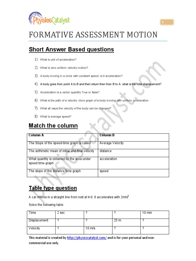 Formative Assessment Motion: Short Answer Based Questions | Download ...