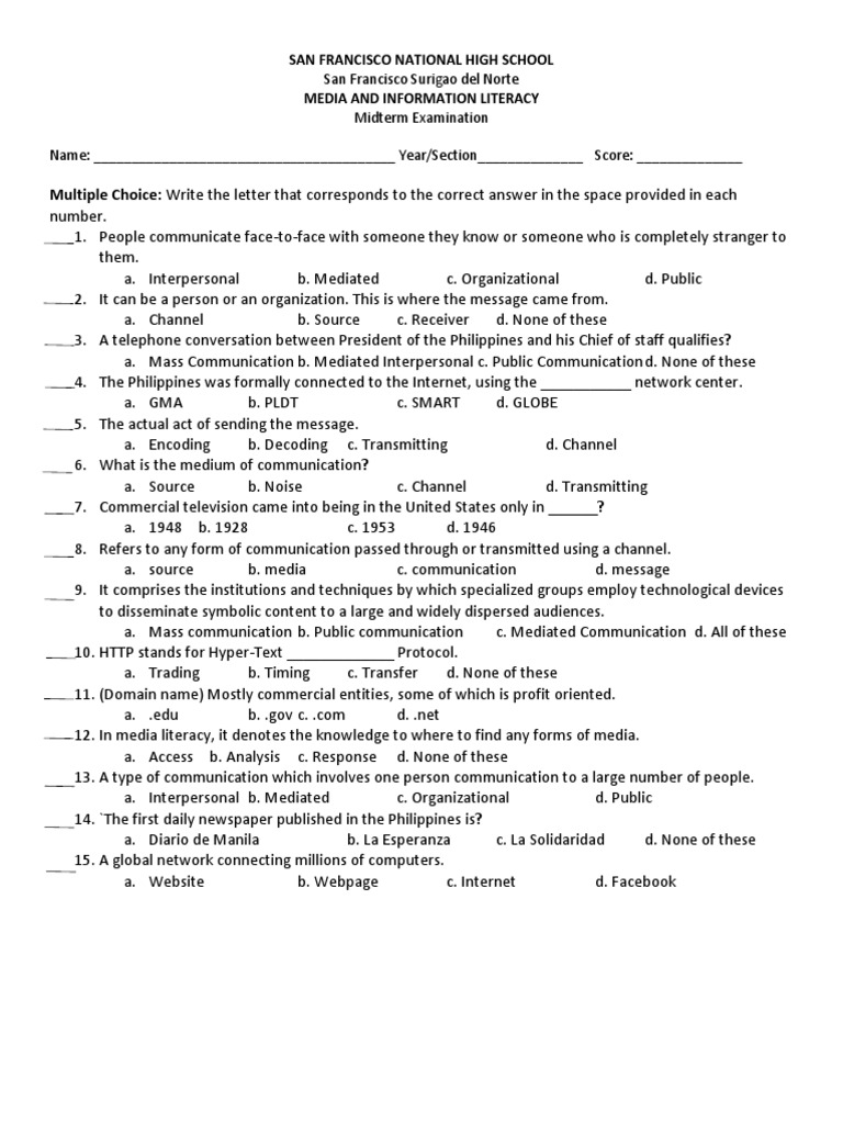 Media and Information Literacy Exam | PDF | Broadcasting | Communication