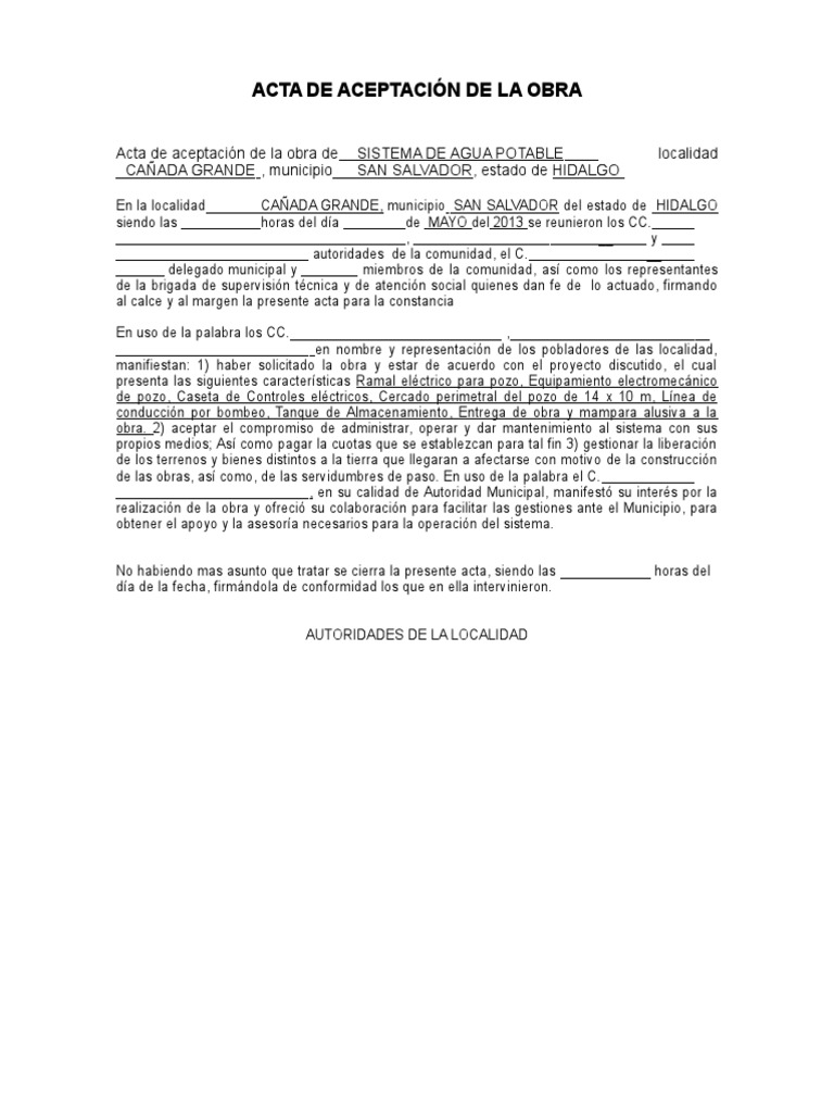 Acta de Aceptacion de Obra | PDF