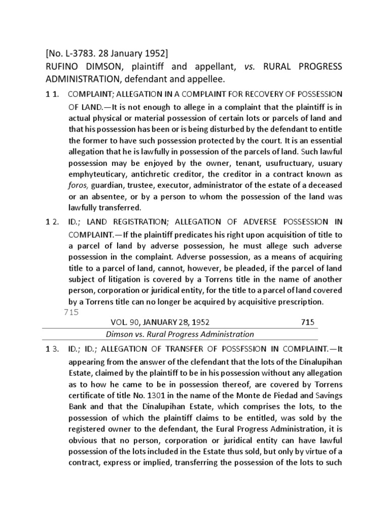 Dimson vs. Rural | PDF | Adverse Possession | Complaint