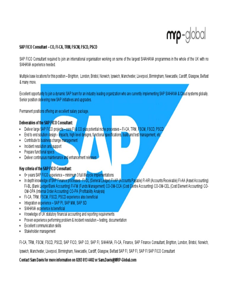 Sap Fico Consultant - Co, Fi-Ca, TRM, FSCM, FSCD, PSCD | PDF