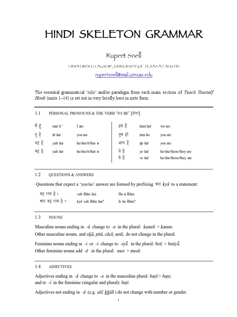 Hindi Skeleton Grammar: Rupert Snell | PDF | Grammatical Gender | Plural