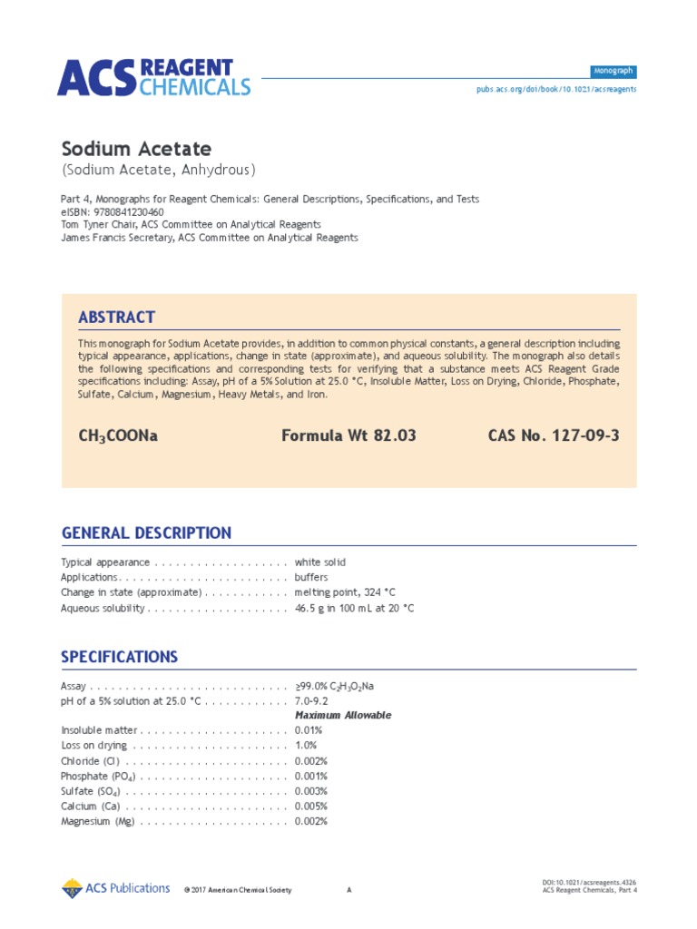 Sodium Acetate, Anhydrous | PDF | Solubility | Magnesium