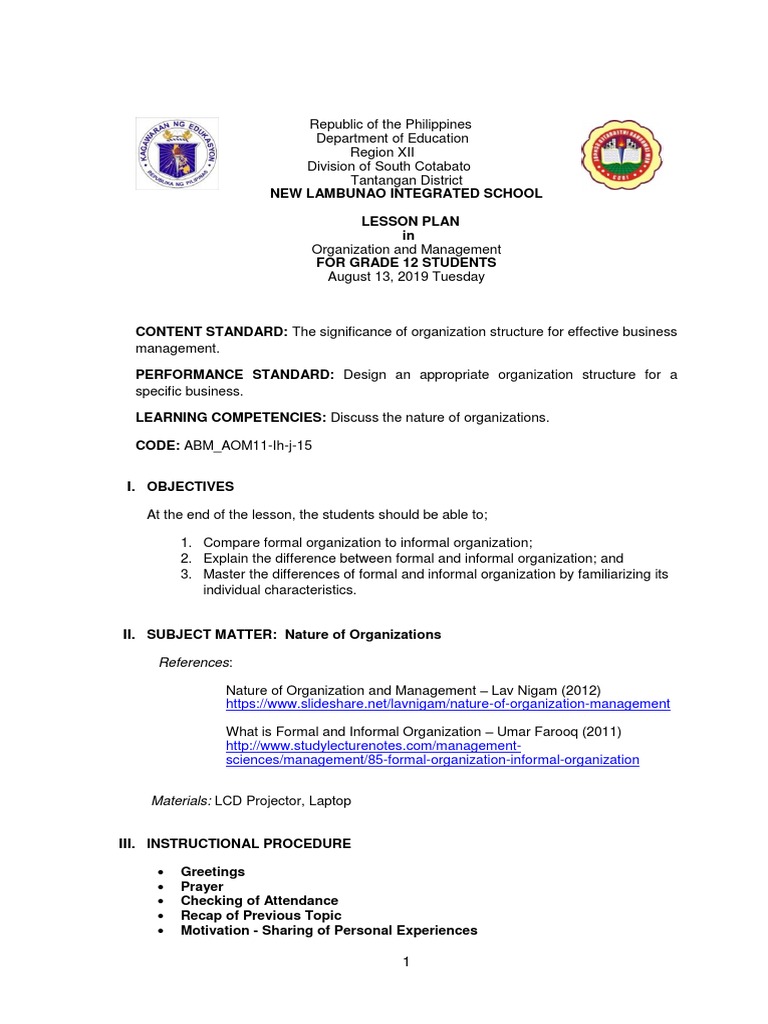LP - Nature of Organization Aug 13 | PDF | Lesson Plan | Learning