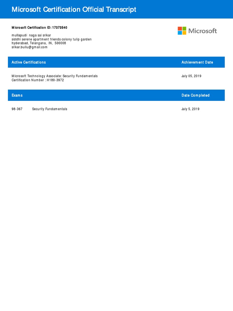 Microsoft Certified Professional Transcript | PDF