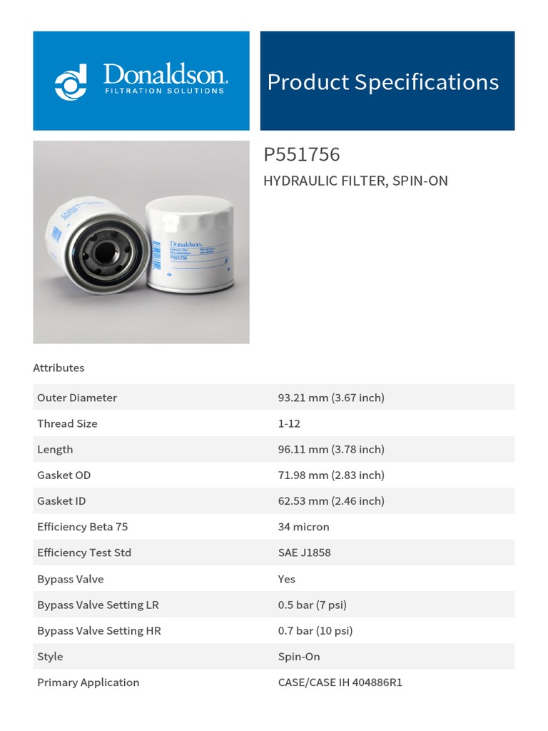 Product Specifications: Hydraulic Filter, Spin-On | PDF