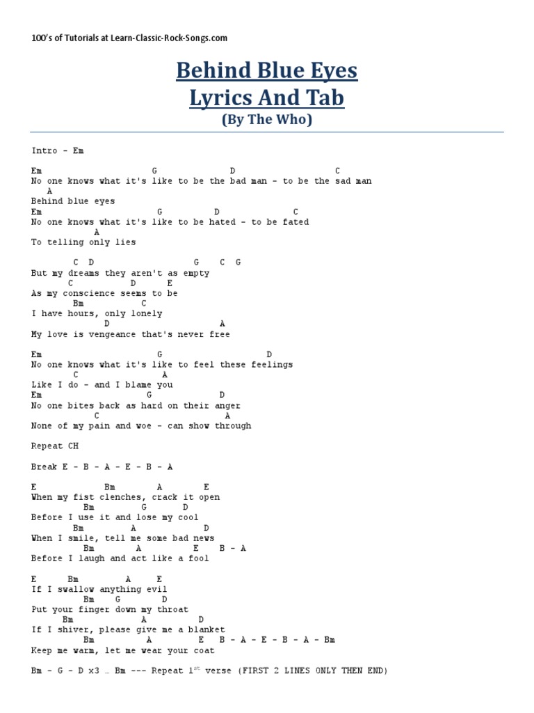Behind Blue Eyes Lyrics And Tab By The Who Pdf