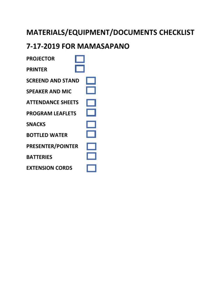 Materials/Equipment/Documents Checklist 7-17-2019 FOR MAMASAPANO | PDF