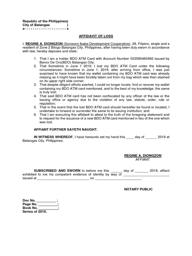 Affidavit of Loss Atm Card | PDF | Affidavit | Civil Law (Common Law)