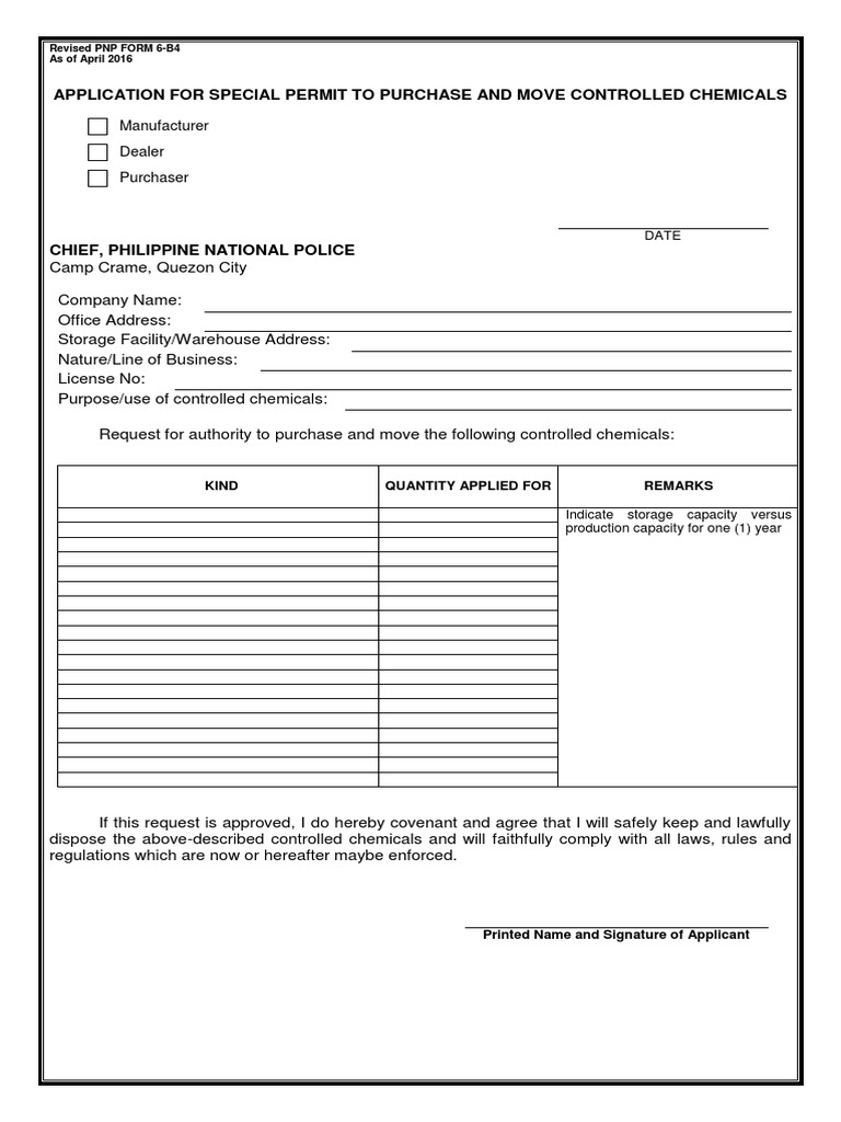 PNP Form 6-B4 - Special Permit To Purchase and Move Controlled ...